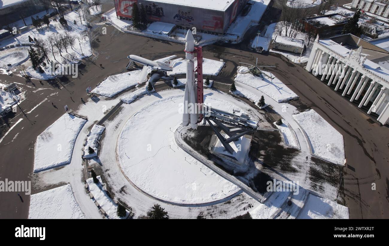 Top view of rocket monument in winter. Creative. Rocket monument on ...
