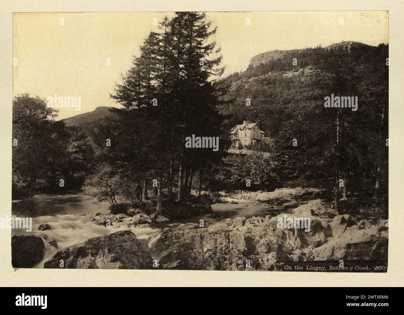 Vintage photograph of Victorian country house overlooking, River Llugny ...