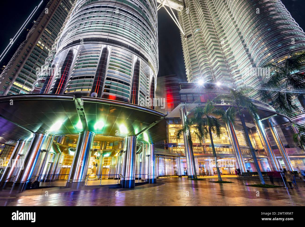 Beautiful steel,chrome and glass structures,lit by bright flood lights ...