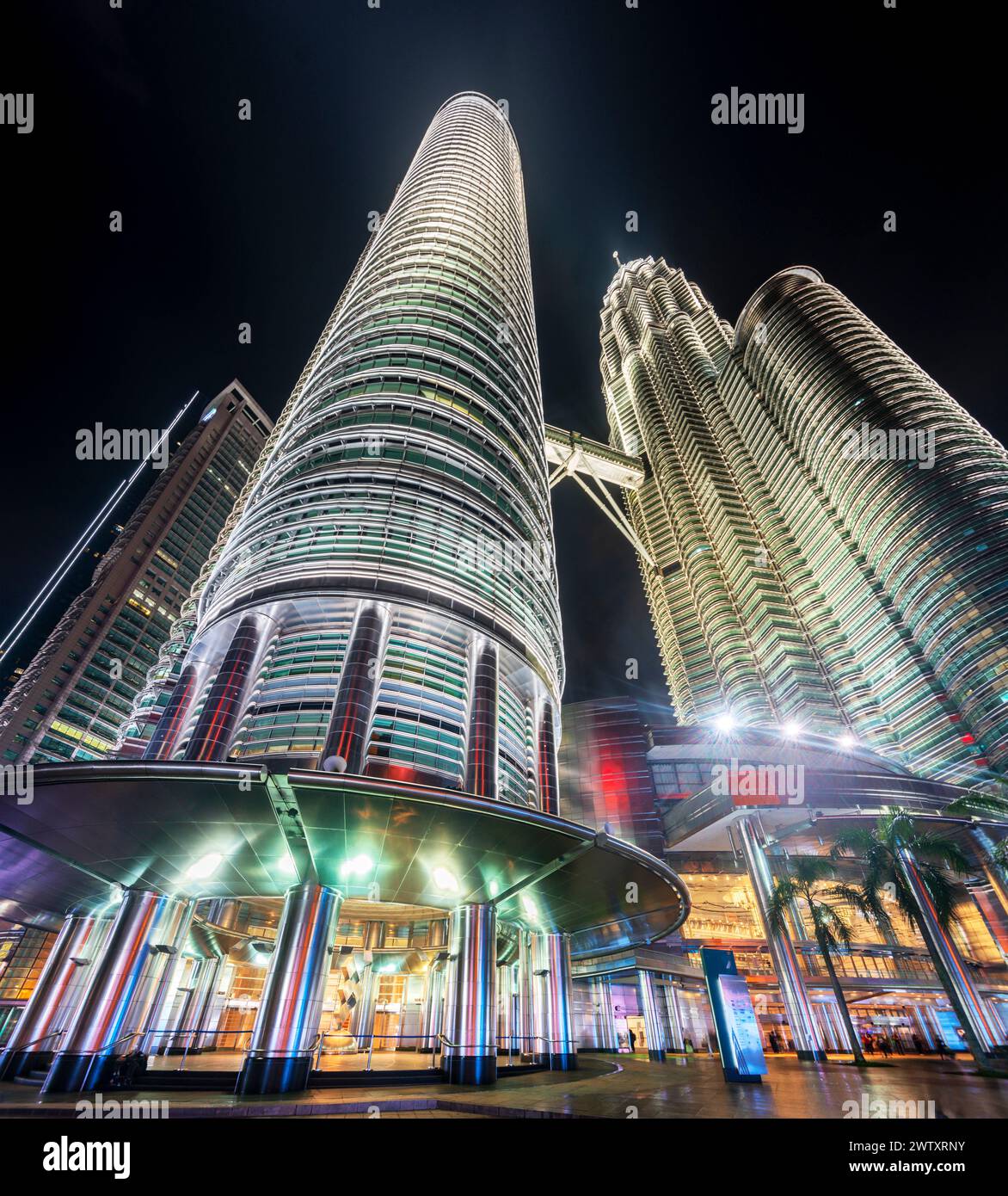 Beautiful steel,chrome and glass structures,lit by bright flood lights ...