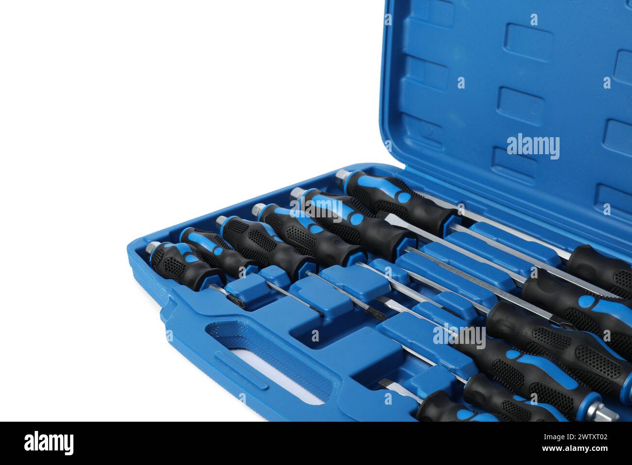 Set of screwdrivers in open toolbox isolated on white Stock Photo - Alamy