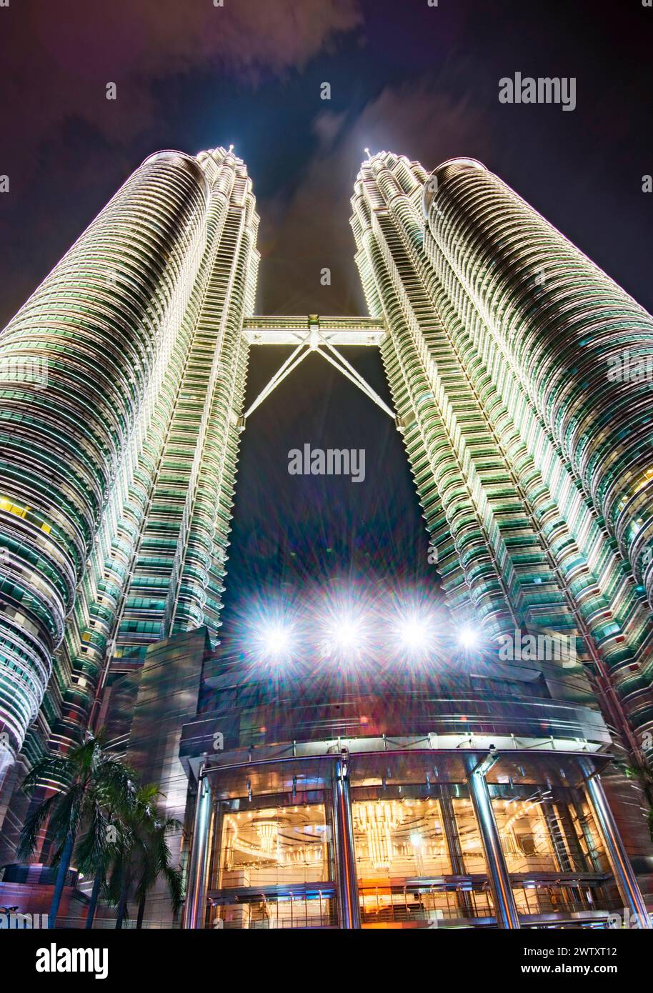 Low angled view of the iconic Malay landmark,Illuminated in a silvery ...