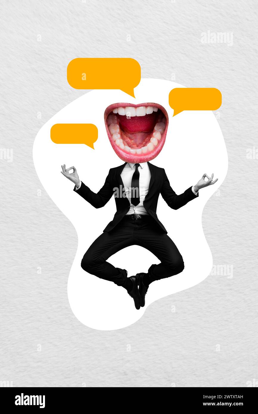 Vertical photo collage of businessman instead head mouth talk ...