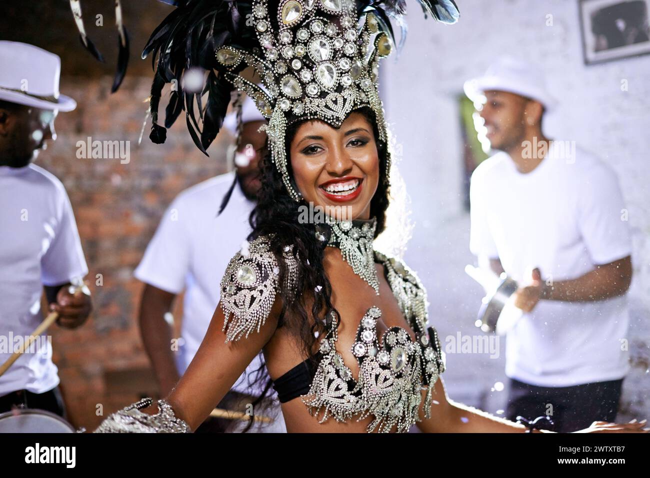 Portrait, happy woman and dancing at carnival with band for performance, party or celebration ...