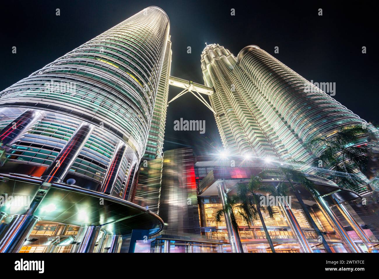 Beautiful steel,chrome and glass structures,lit by bright flood lights ...