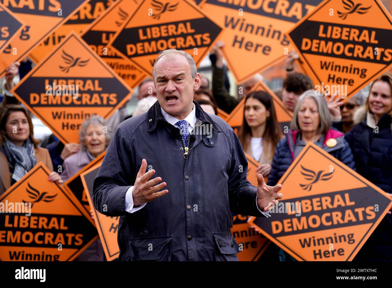 Liberal Democrat leader Sir Ed Davey gives a speech at a rally of party ...