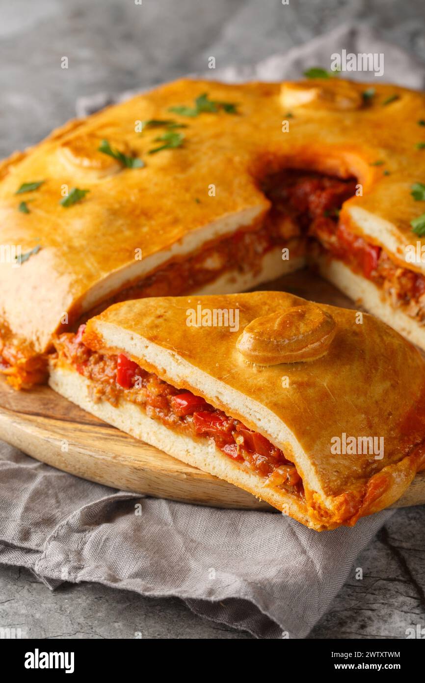 Spanish Empanada Gallega Galician Pork and Pepper Pie closeup on the ...