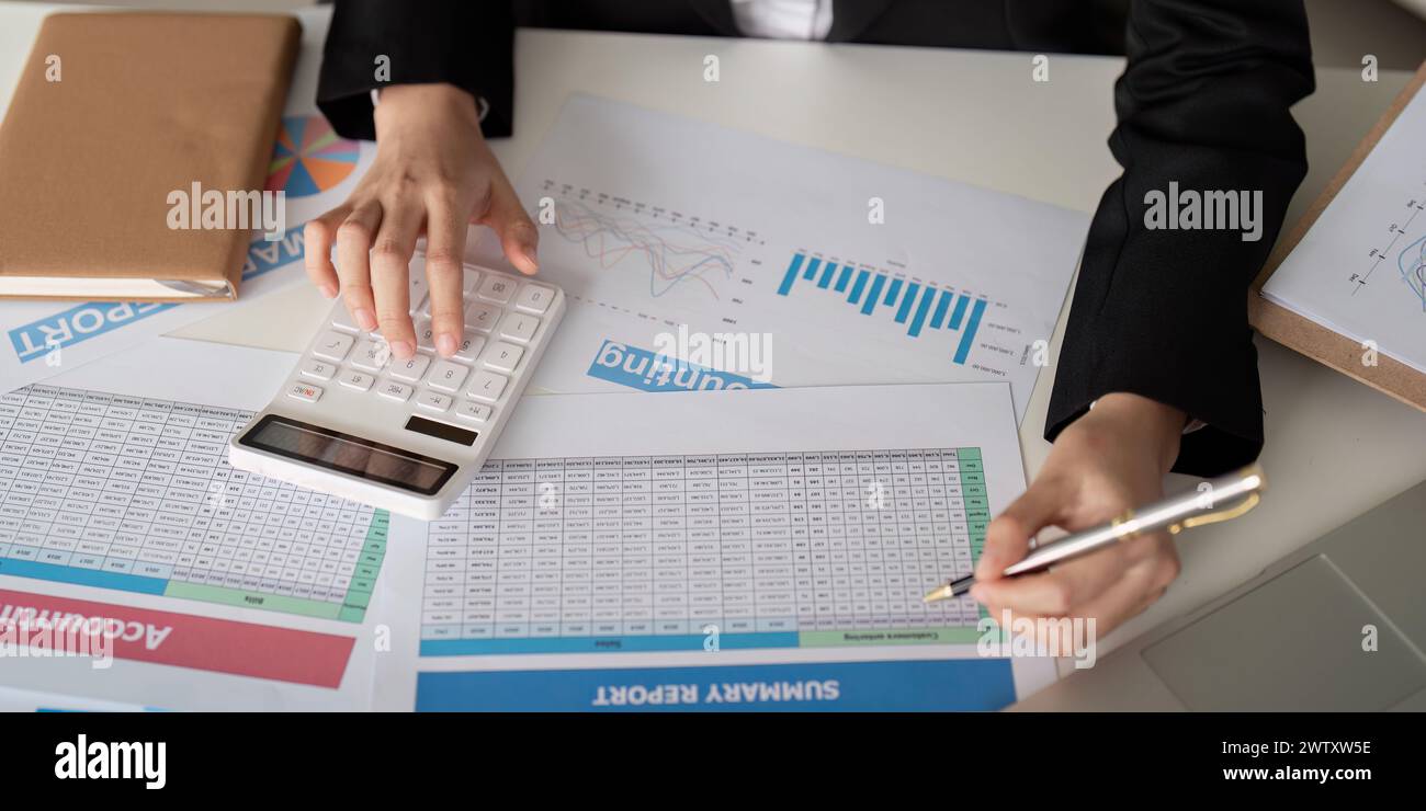 Documents, Business woman and accountant reading report for information ...