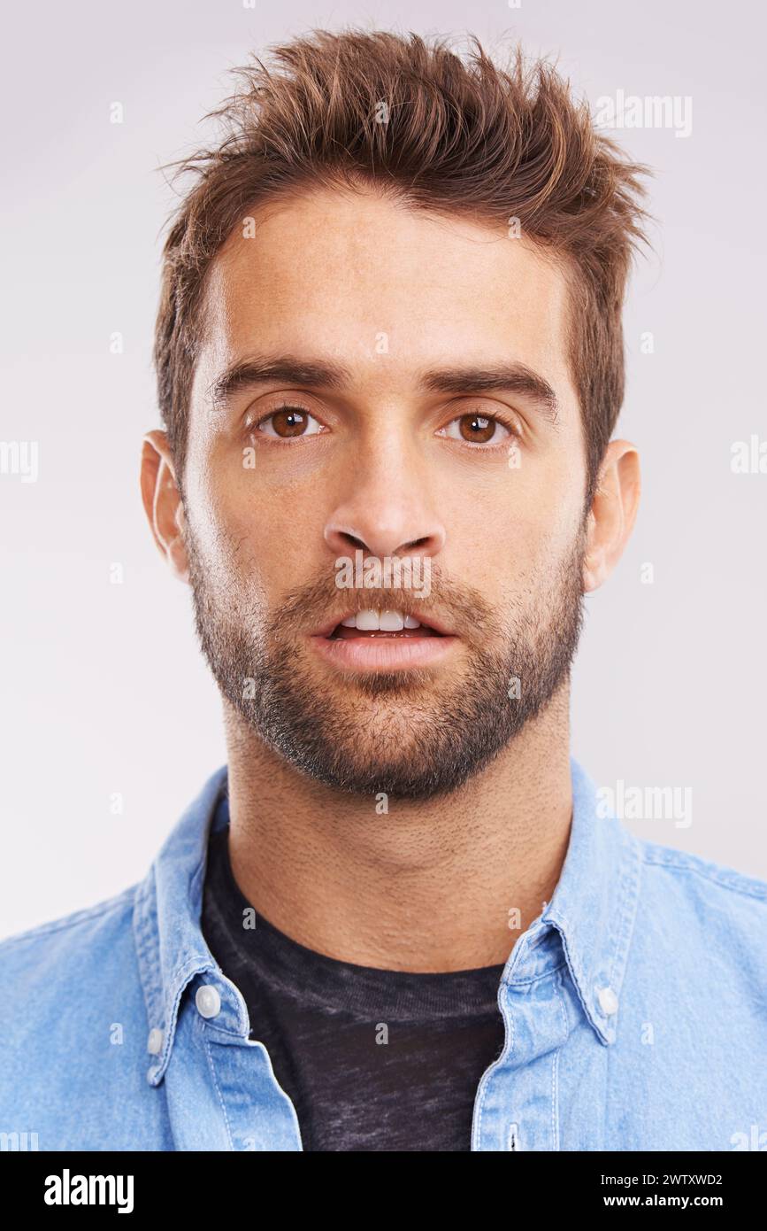 Portrait, rabbit face and man with expression, reaction and teeth on a ...