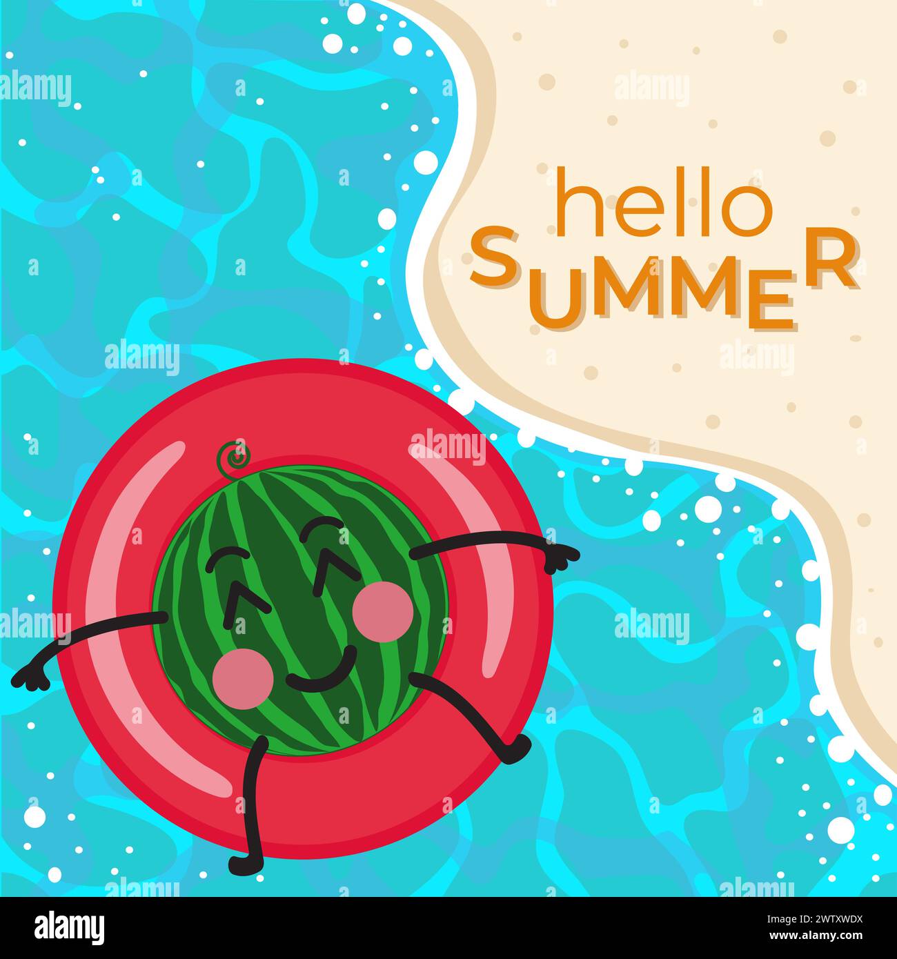 Cute cartoon watermelon swimming with floating rubber ring, flat vector ...
