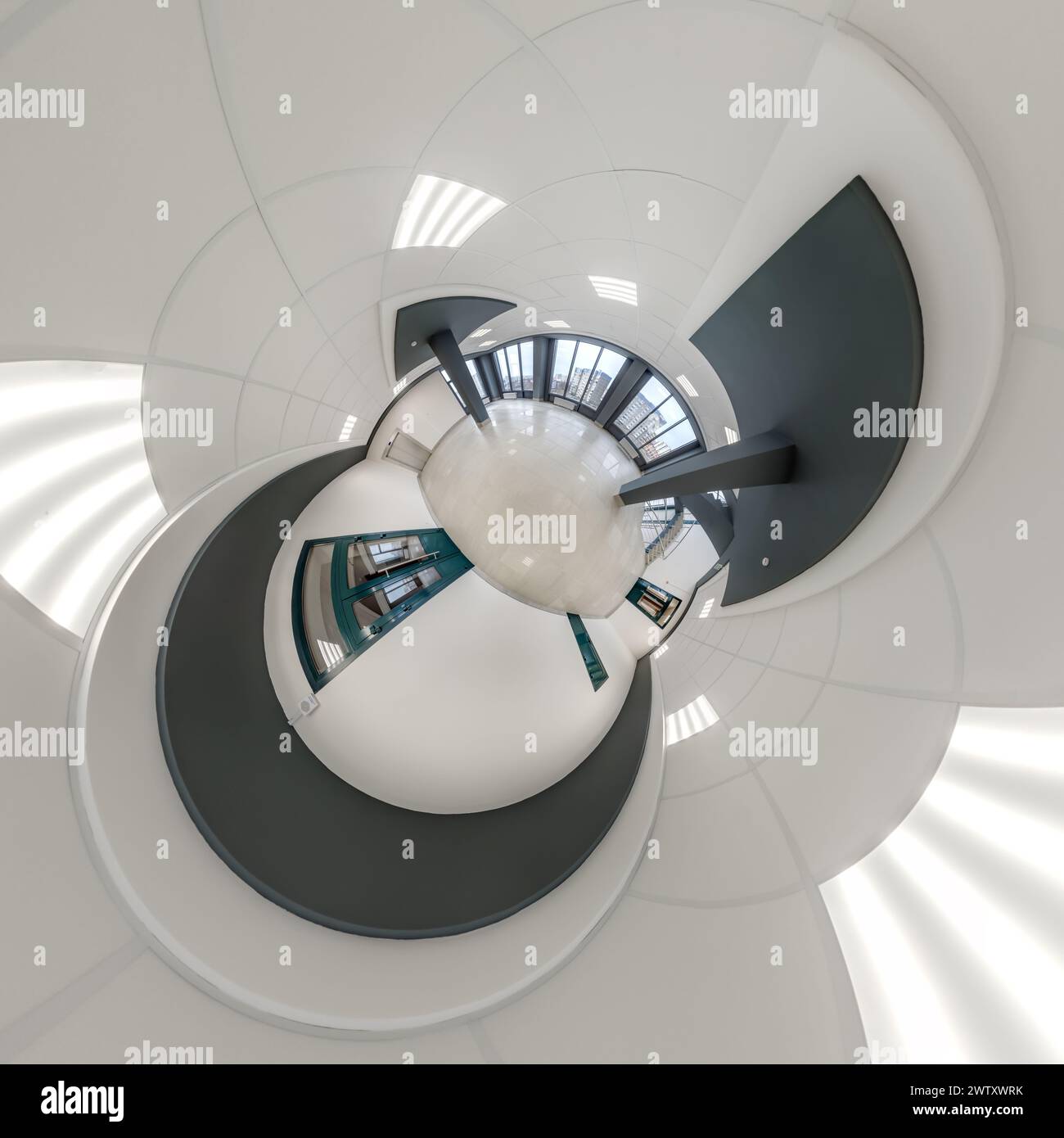 abstractly twisted into spherical 360 panorama interior of modern ...
