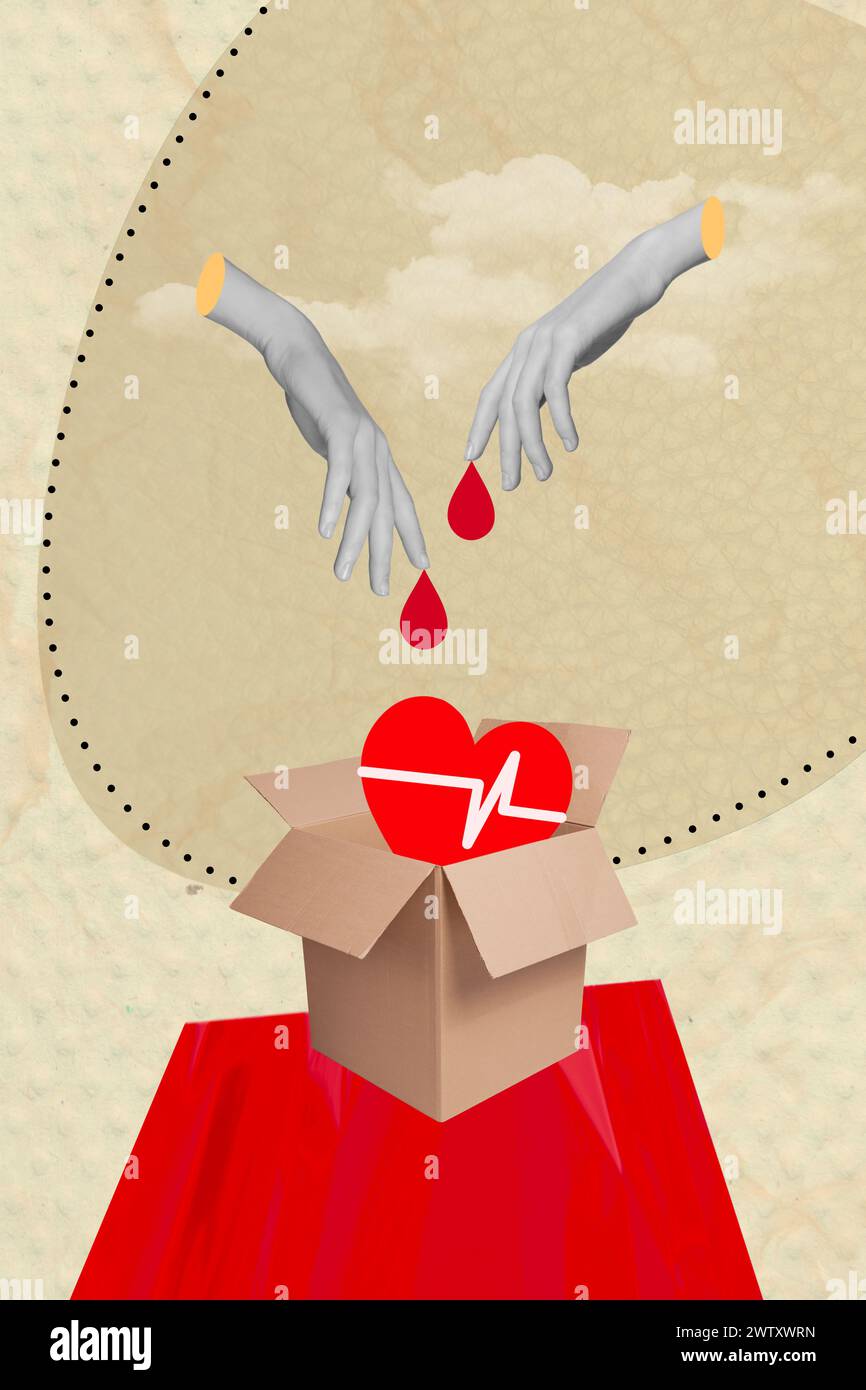 Creative vertical photo collage human hands 3d fragments carton box ...