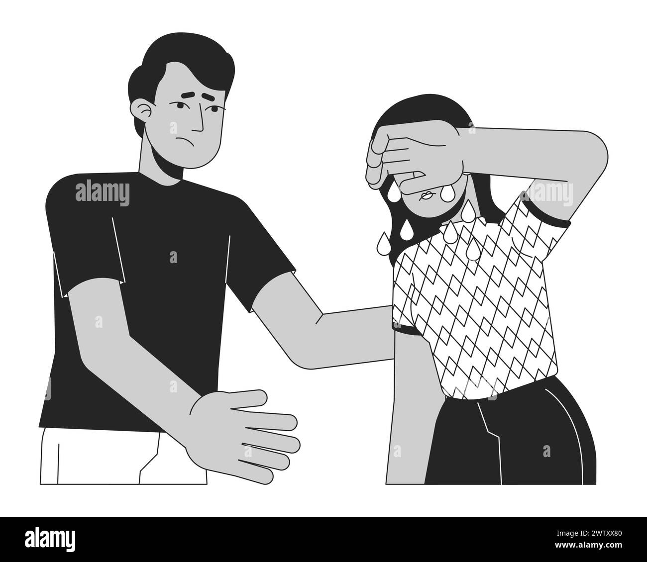 Friend comforting girl black and white 2D line cartoon characters Stock ...