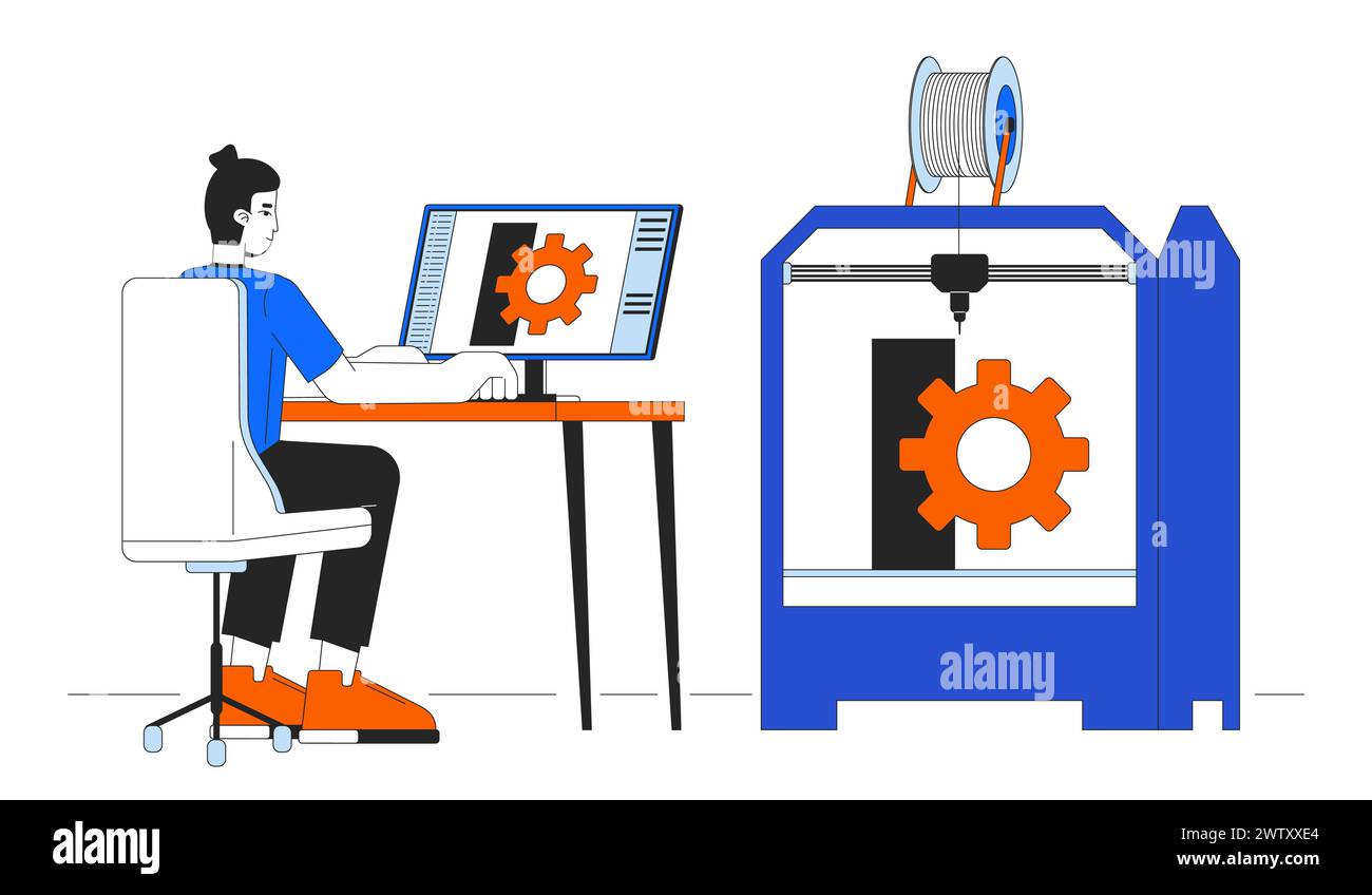 3D printing in mechanical engineering line cartoon flat illustration ...
