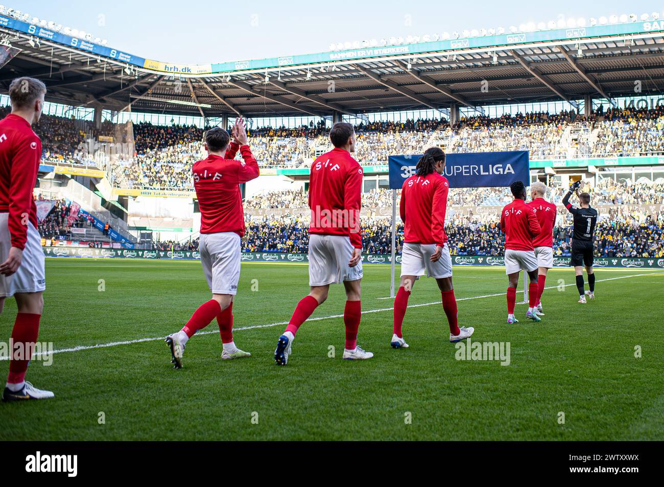 Brondby, Denmark. 17th, March 2024. The players of Silkeborg IF enter ...