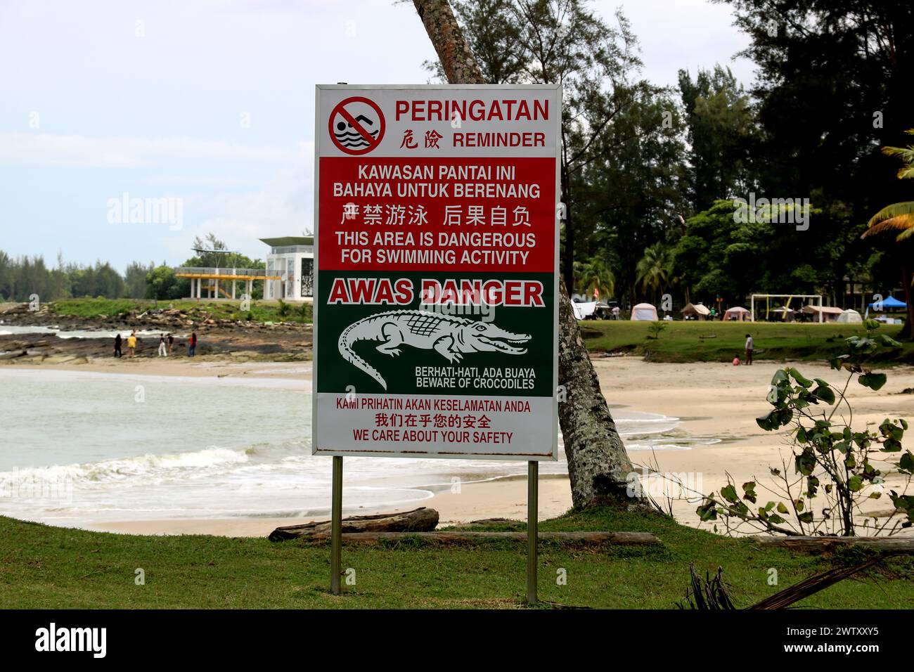 Beware of crocodiles signboard at a beach resort area in Bintulu ...