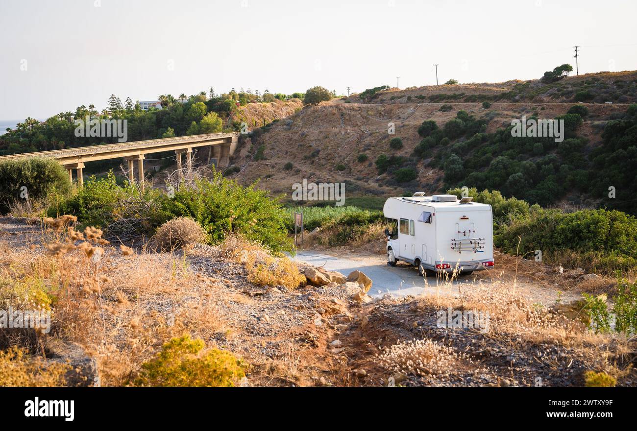 Motorhome parked in front of bridge Geropotamos beach, Crete, Greece ...