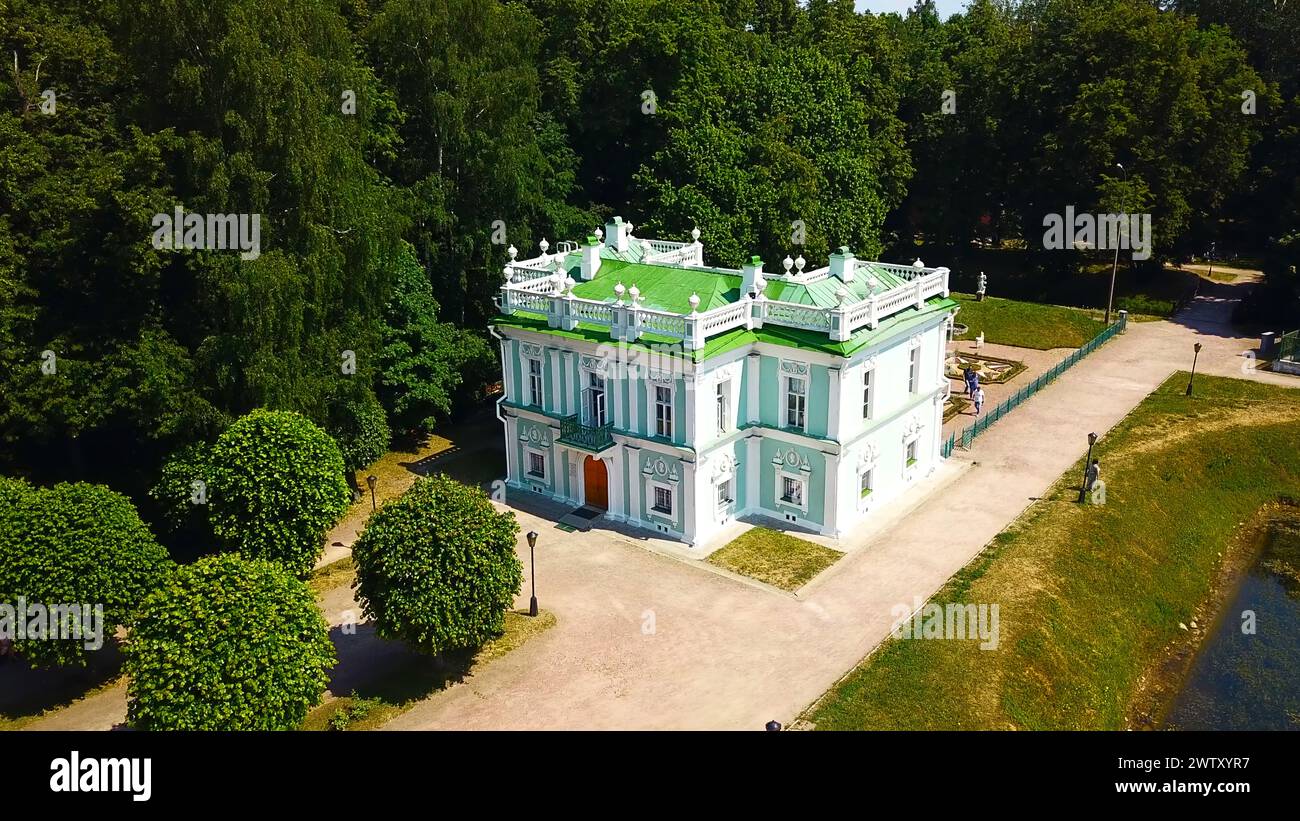 Top view of historic building with garden and pond. Creative. Beautiful ...