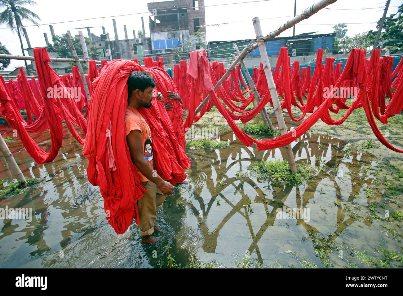 Bangladeshi workers collect fabric after drying them under the sun at a ...