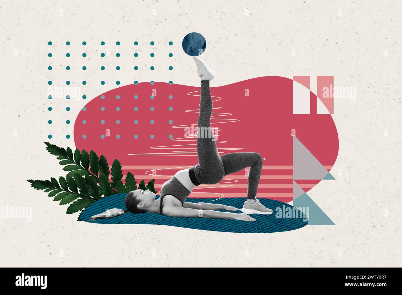 Creative abstract template collage of young female lift leg exercises ...