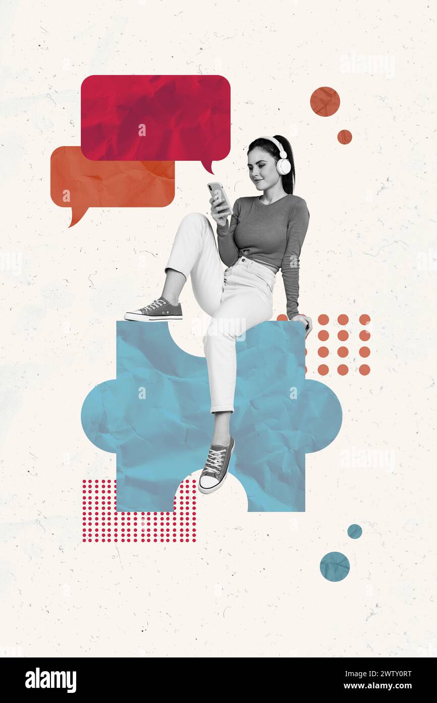 Vertical collage poster sitting young girl smartphone app messenger ...
