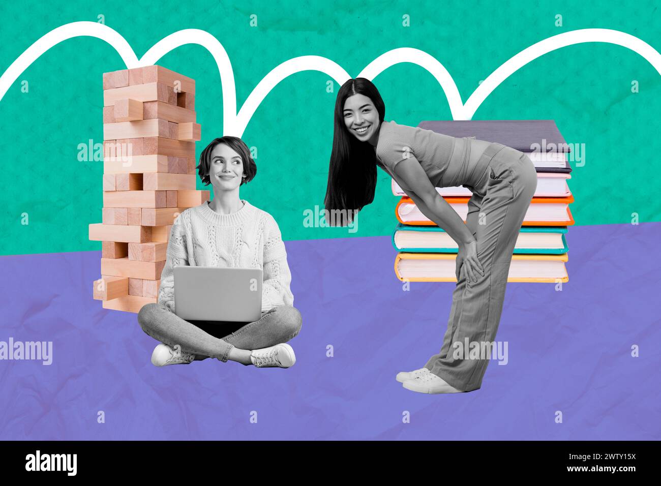 Creative photo collage young happy cheerful carefree girls laptop ...