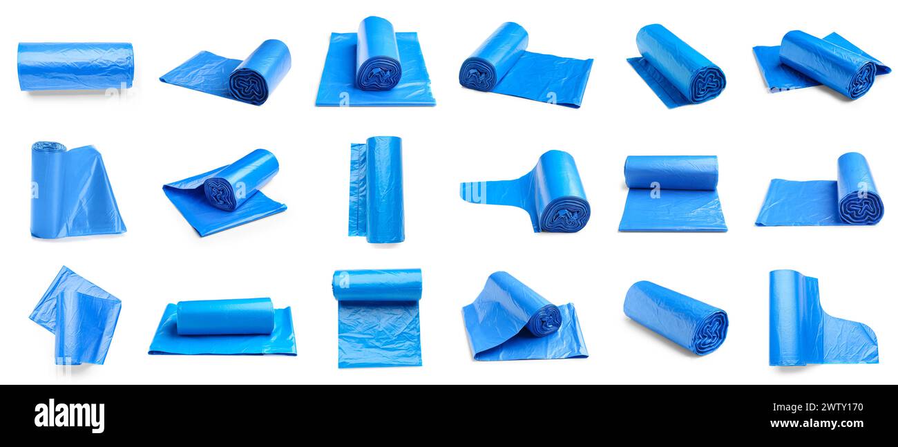Set of blue garbage bags isolated on white Stock Photo - Alamy