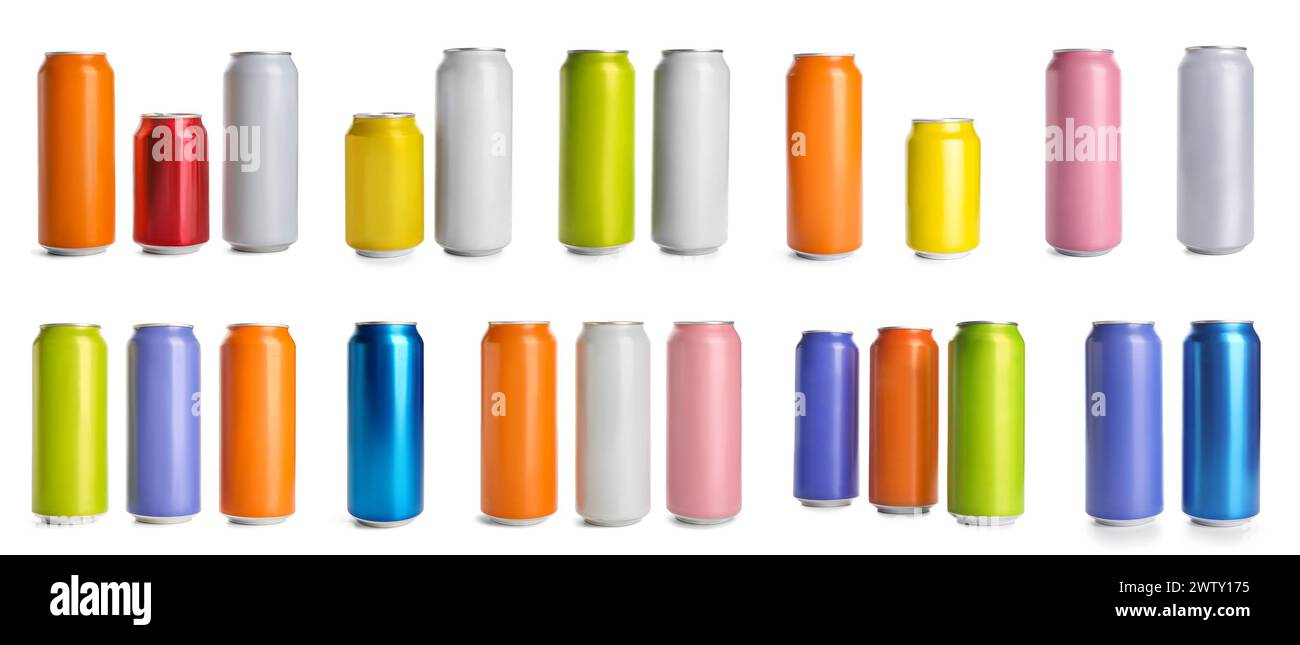 Set of many metal cans isolated on white. Mockup for design Stock Photo ...