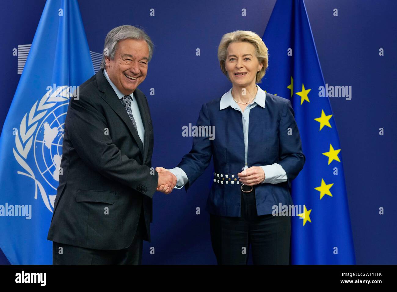 European Commission President Ursula von der Leyen, right, greets ...