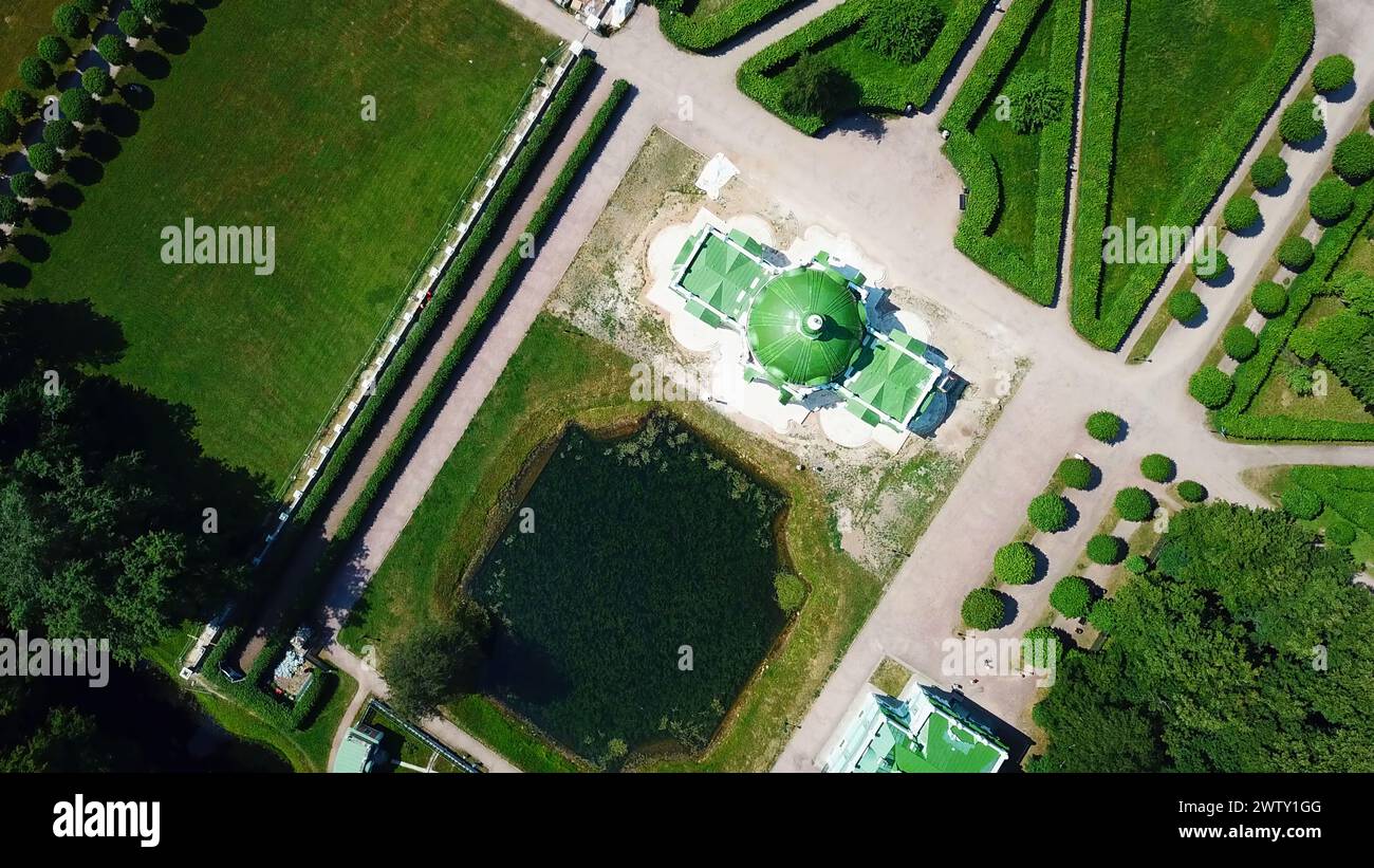 Top view of old estate with garden and pond. Creative. Beautiful garden ...