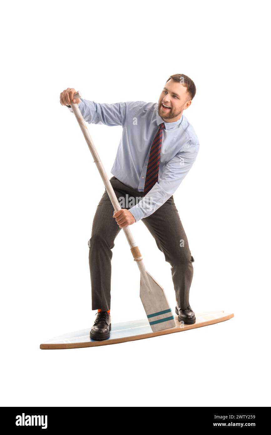 Funny businessman with paddle and surfboard on white background Stock ...
