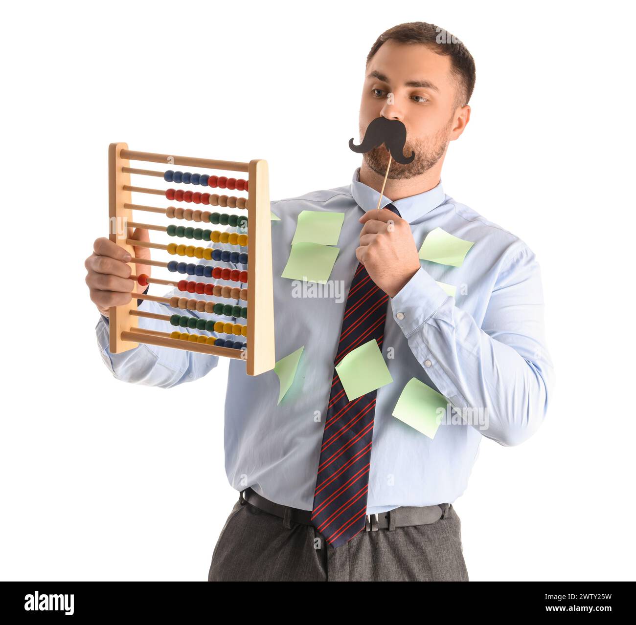 Funny businessman with sticky notes, paper mustache and abacus on white ...