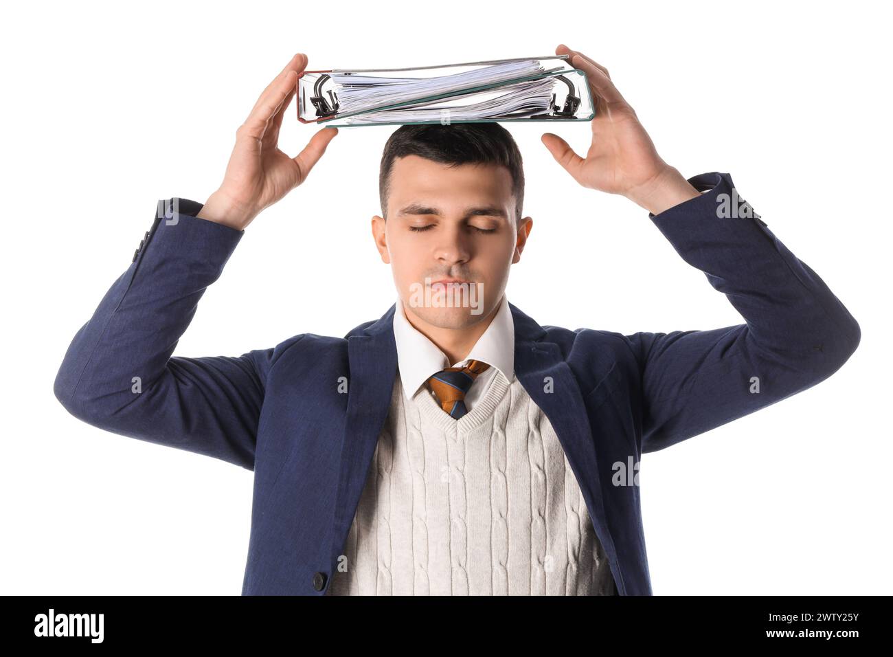 Funny businessman with document folder on his head against white ...
