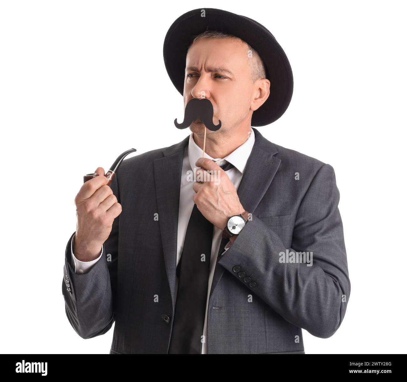 Businessman with funny mustache and smoking pipe isolated on white ...