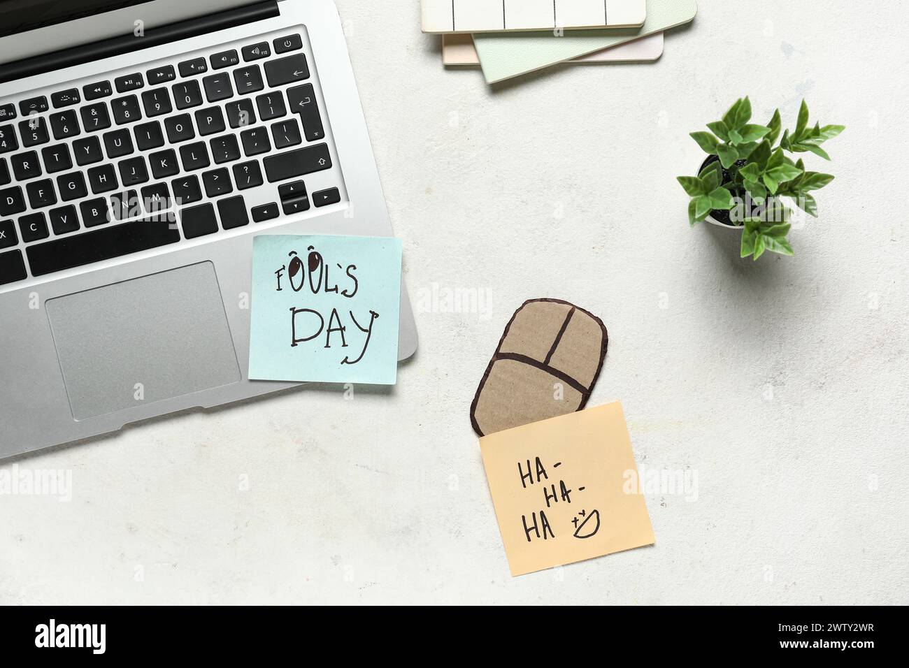 Carton mouse and sticky notes on white background. April Fools Day ...