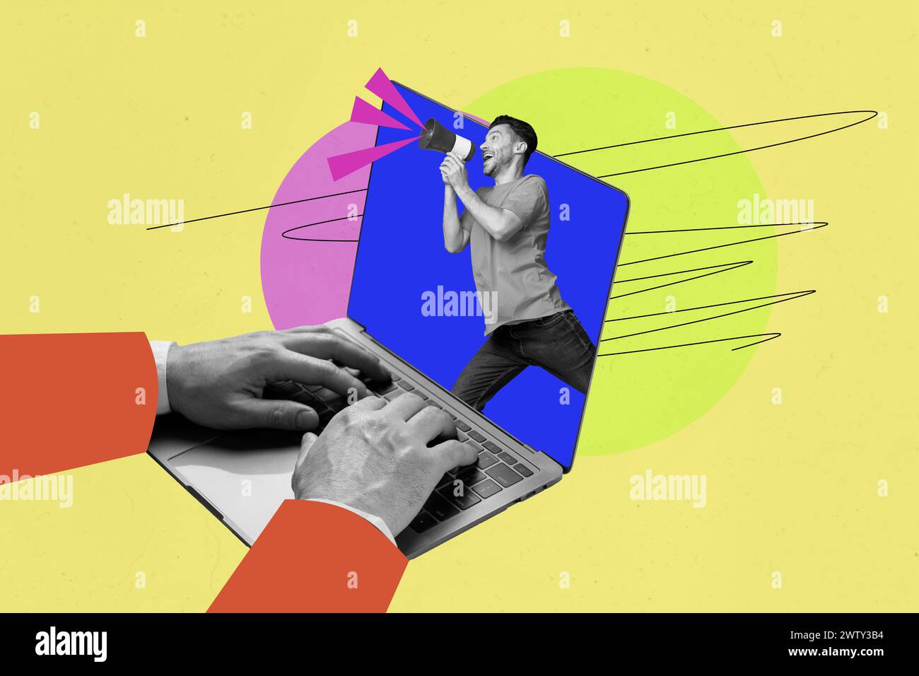 Photo cartoon comics sketch collage picture of excited guy shouting toa ...