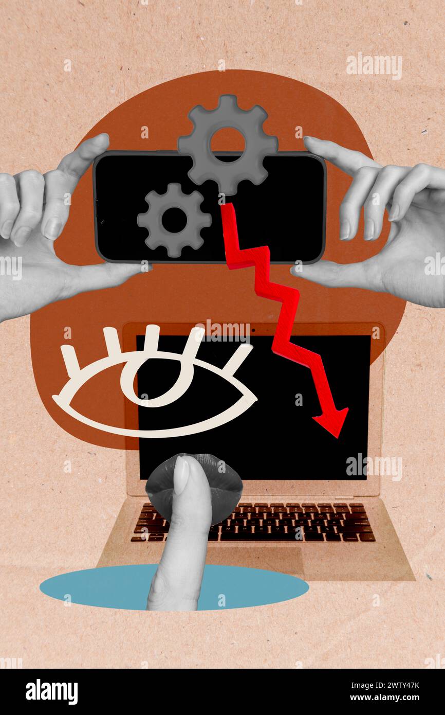 Vertical creative collage hands holding smartphone cogwheels decrease falling arrow shh silence ...