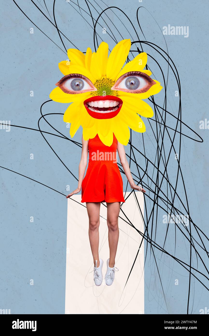 Vertical collage young levitating girl headless caricature parts ...