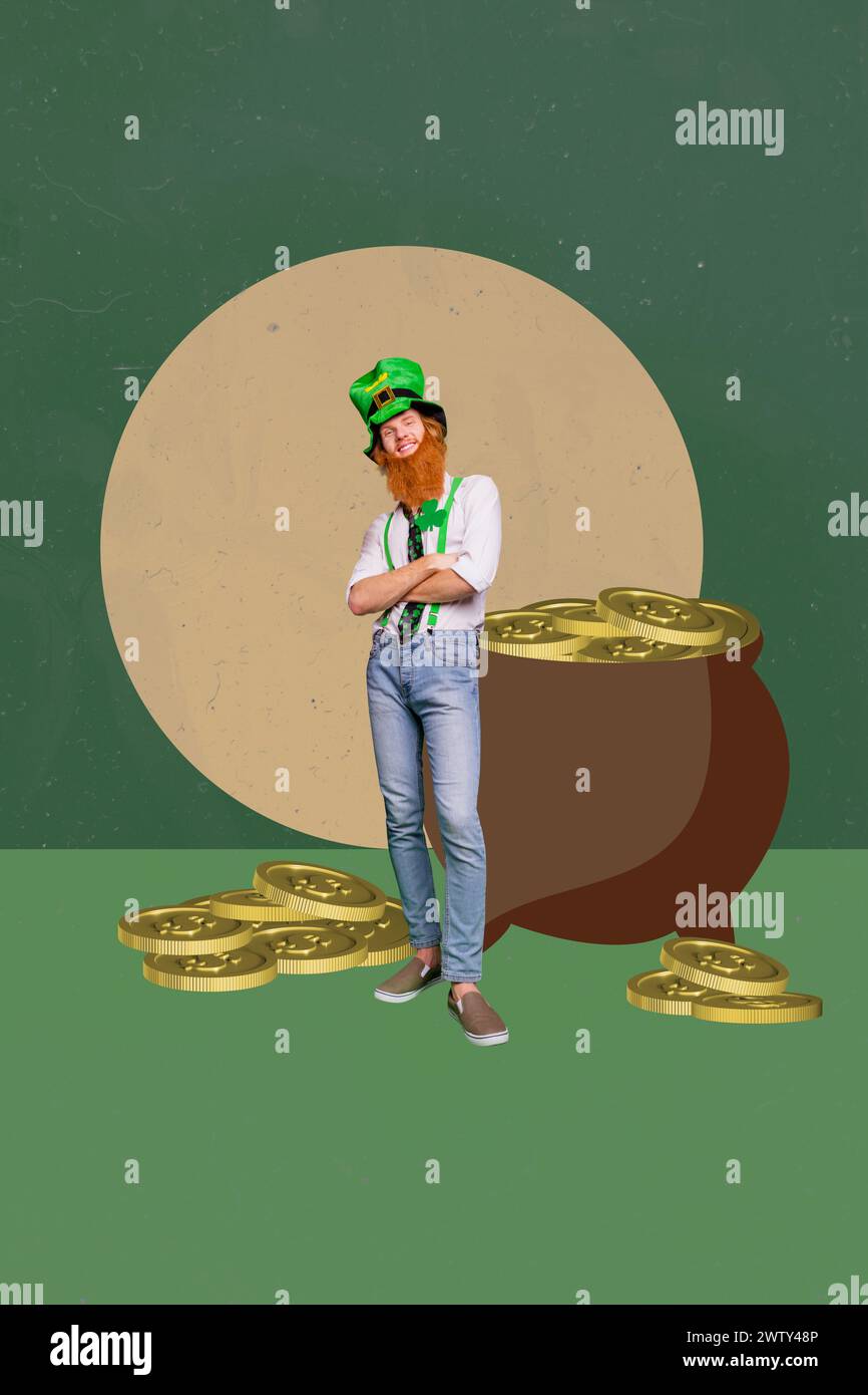 Retro 3d collage image of cool confident troll collecting coins pot ...