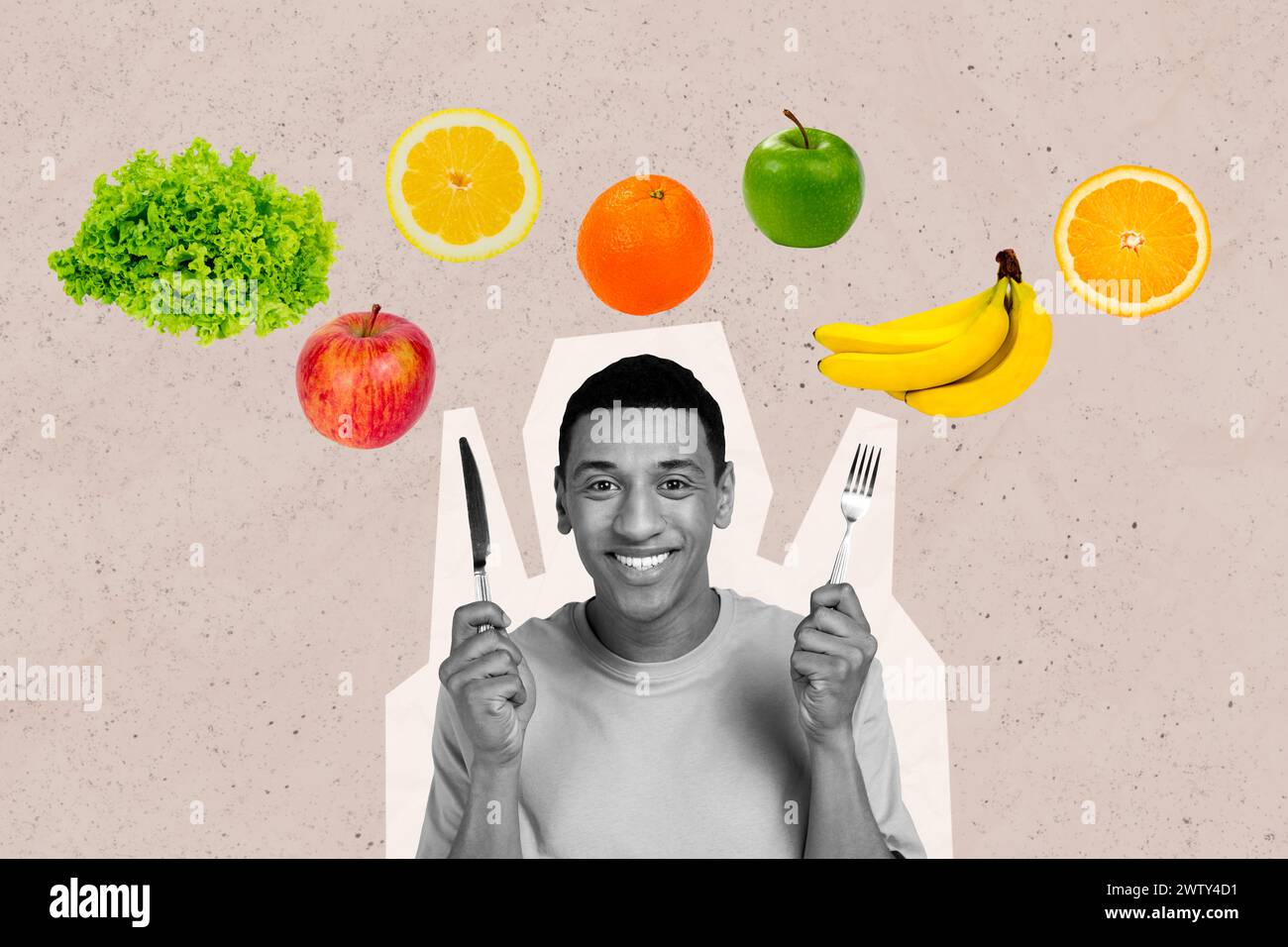 Creative collage picture young man hungry ready eat fresh vitamins ...