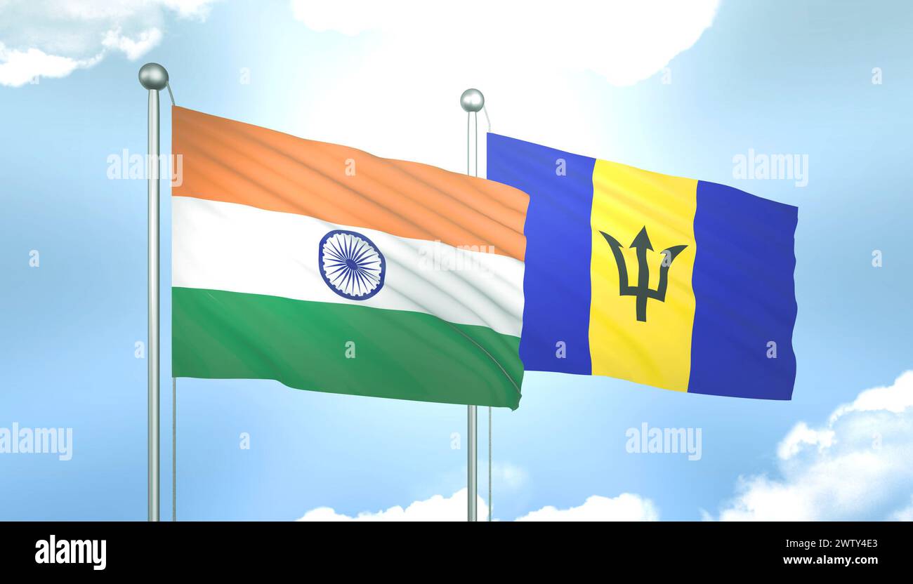 3D Flag of India and Barbados on Blue Sky with Sun Shine Stock Photo ...