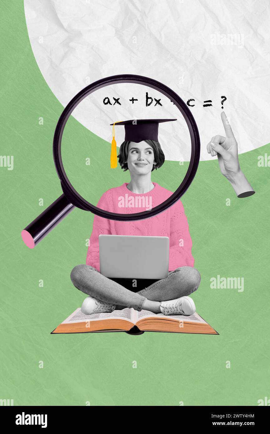 Vertical collage picture young sitting girl magnifying loop lens ...