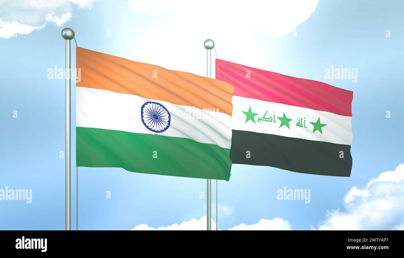 3D Flag of India and Iraq on Blue Sky with Sun Shine Stock Photo - Alamy