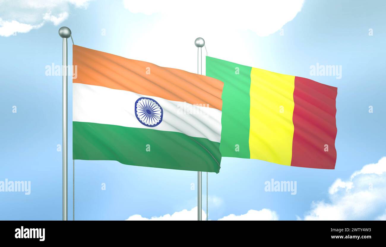 3D Flag of India and Mali on Blue Sky with Sun Shine Stock Photo - Alamy