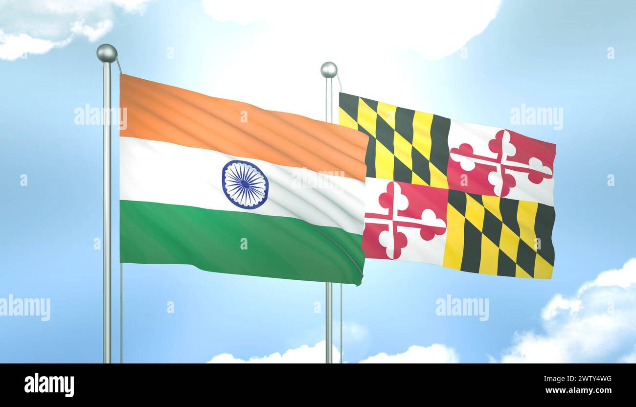 3D Flag of India and Maryland on Blue Sky with Sun Shine Stock Photo ...
