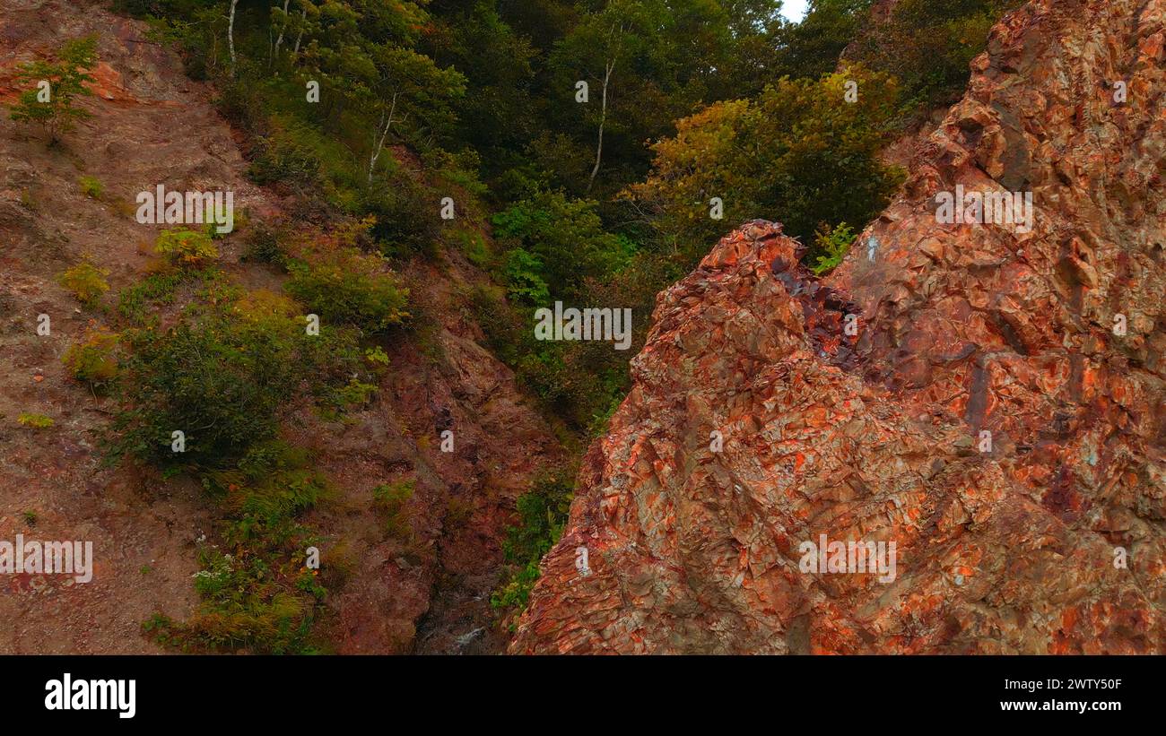 Top view of rocky ridge with forest gorge. CLip. Amazing nature with ...