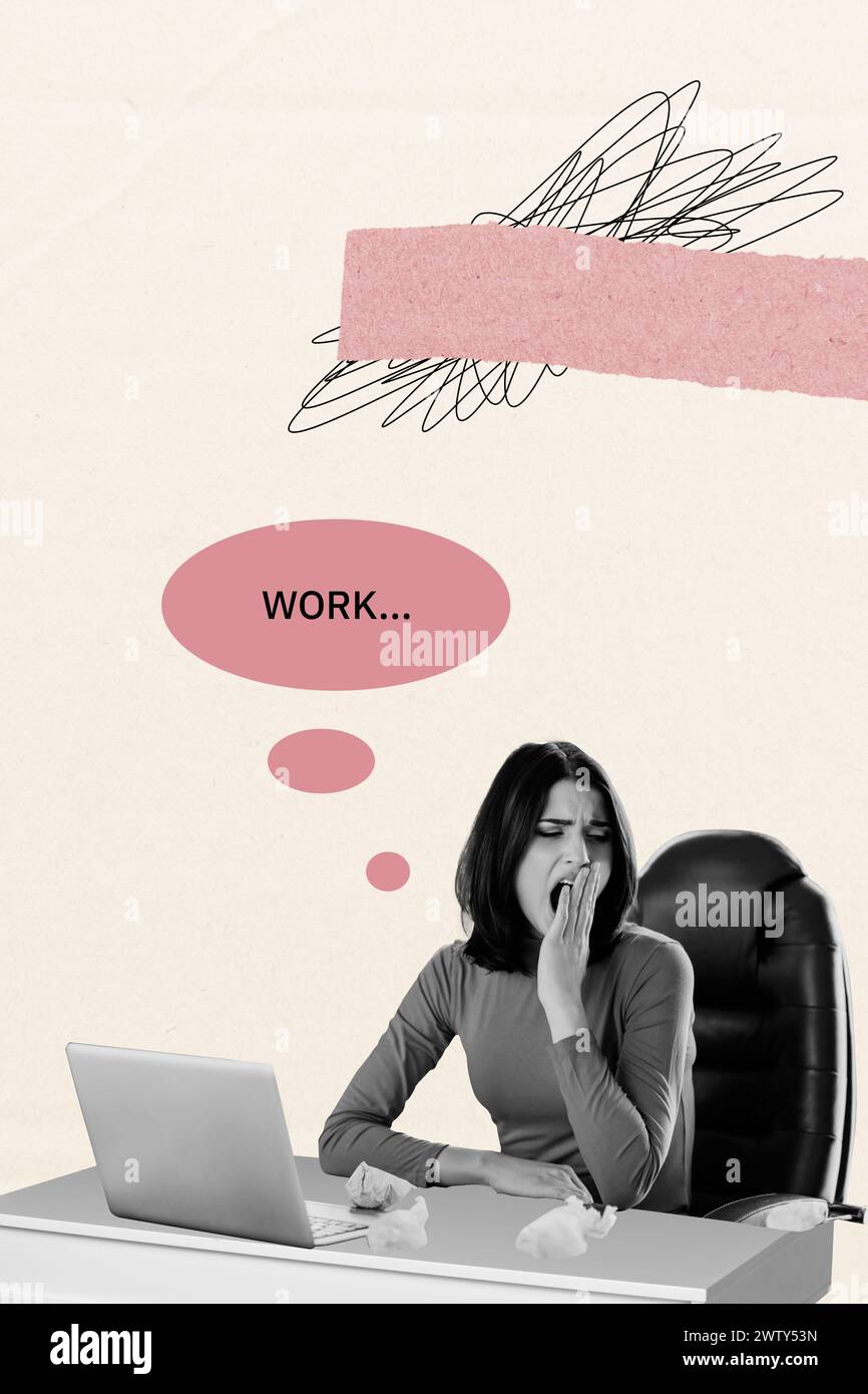 Artwork magazine collage picture of tired lady working modern device ...