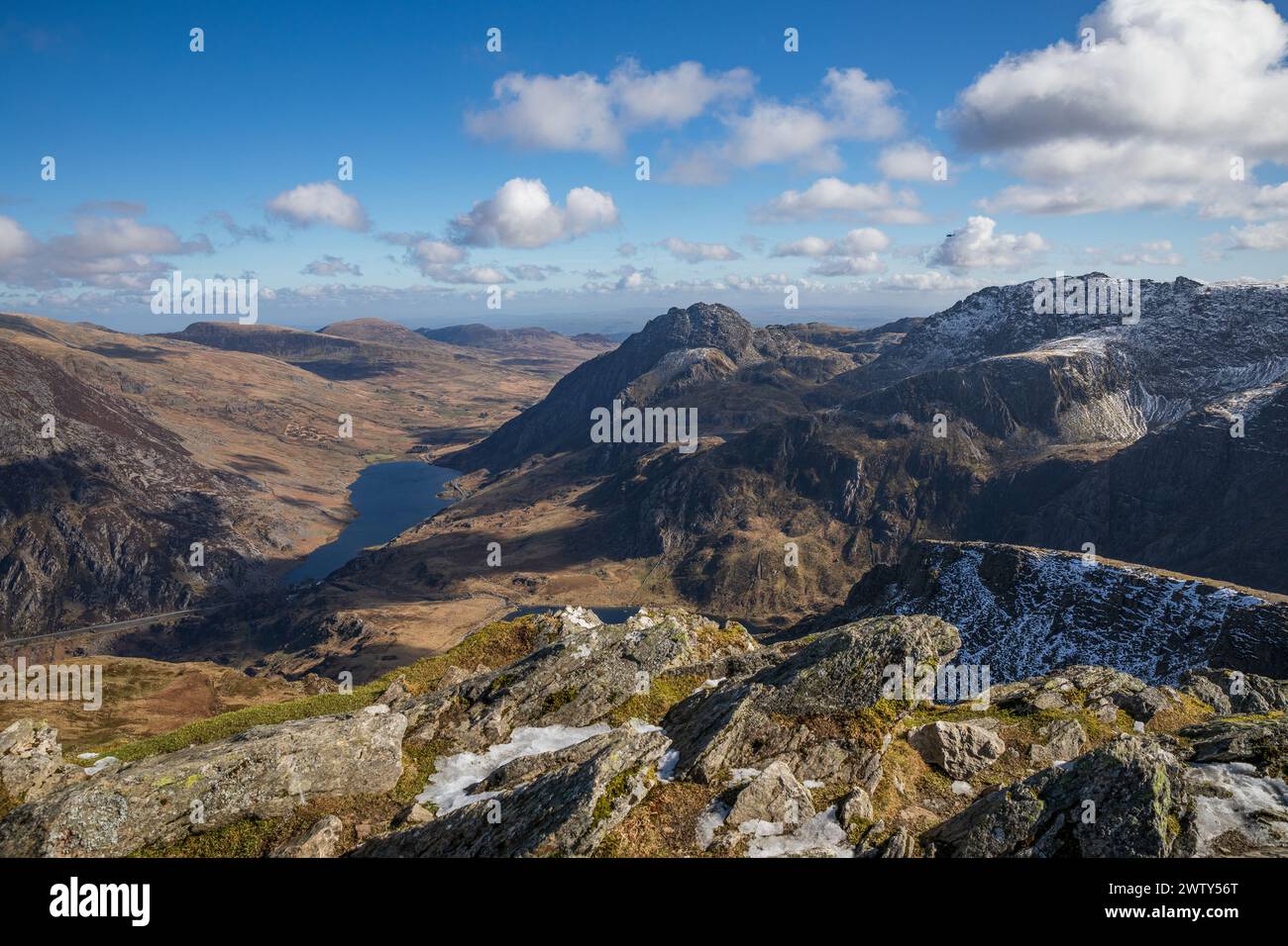 Ogwen valley and Tryfan photographed from Y Garn mountain summit, Wales ...
