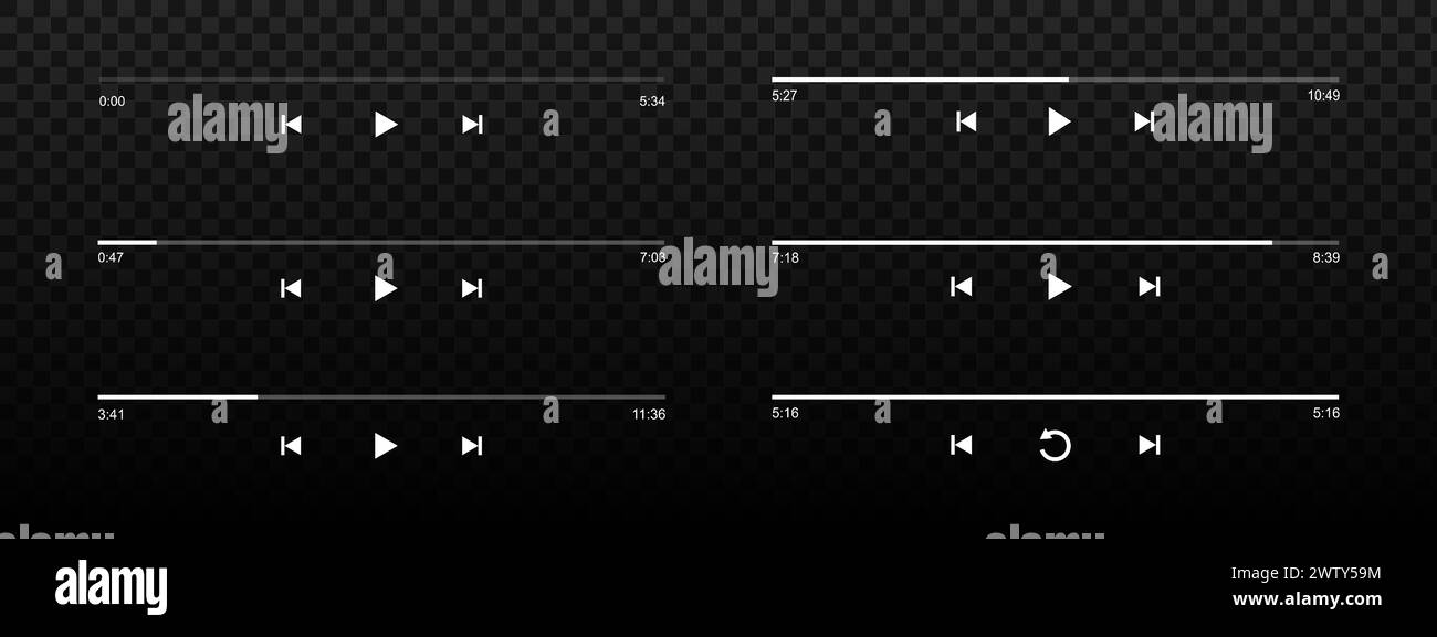 Set of audio or video player loading bars with time slider, play, rewind and fast forward ...