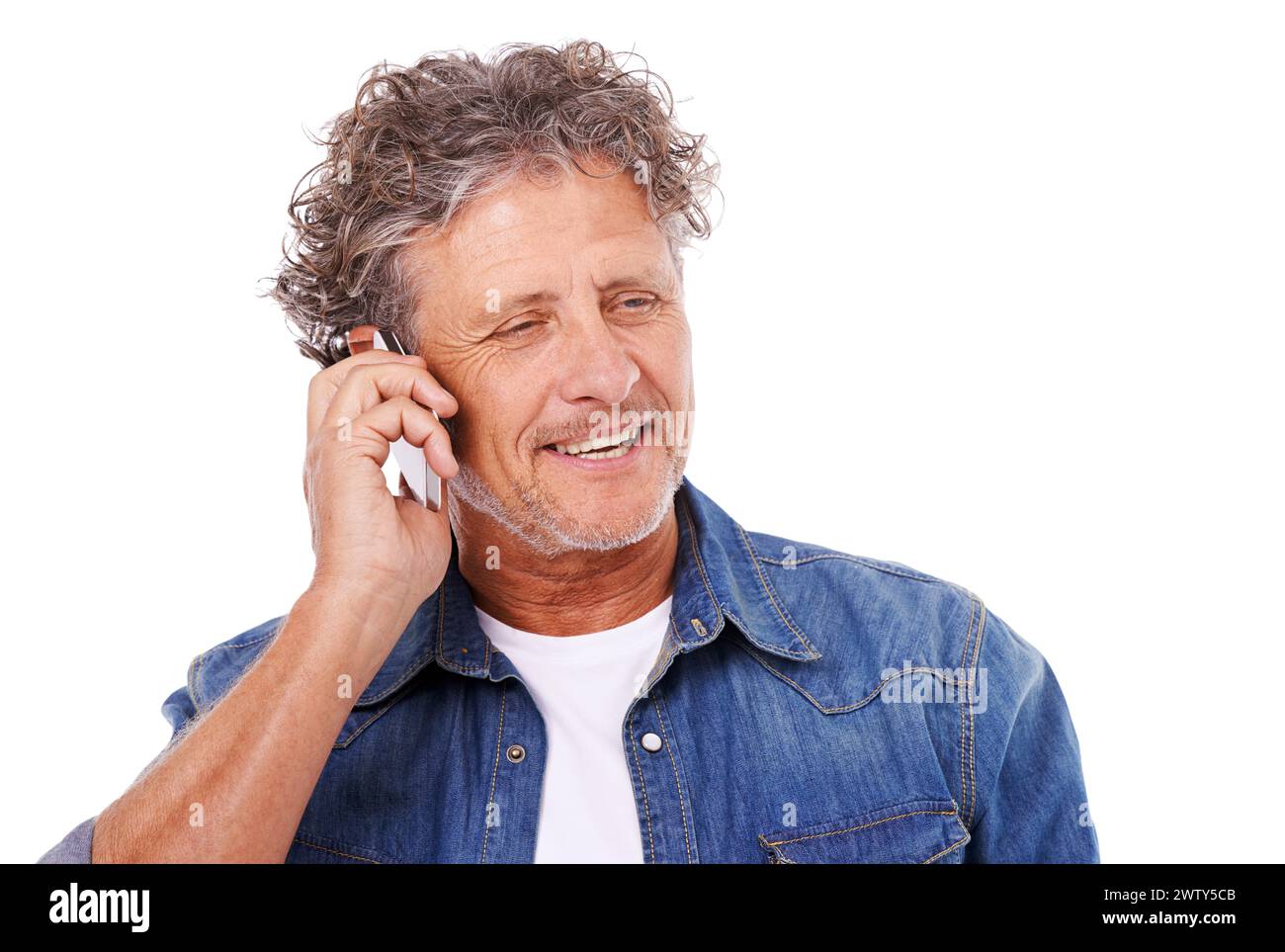 Phone call, old man and communication with contact, speaking and guy ...